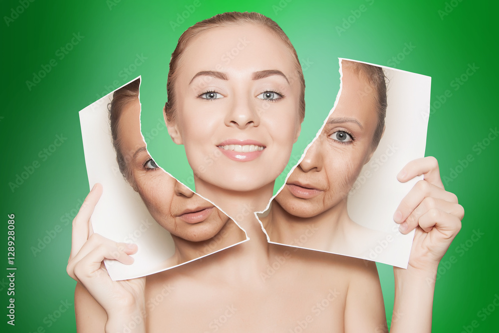 woman breaks photo with her old face and demonstrating pure skin Stock ...