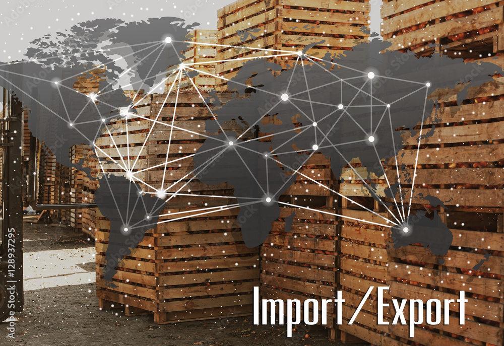 World map and text IMPORT/EXPORT on background. Wooden crates with ...