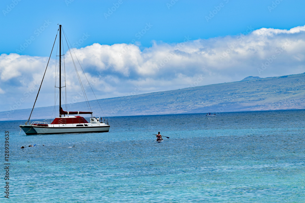 ocean landscape with catamaran sailboat and clouds on Kohala coast, Big ...