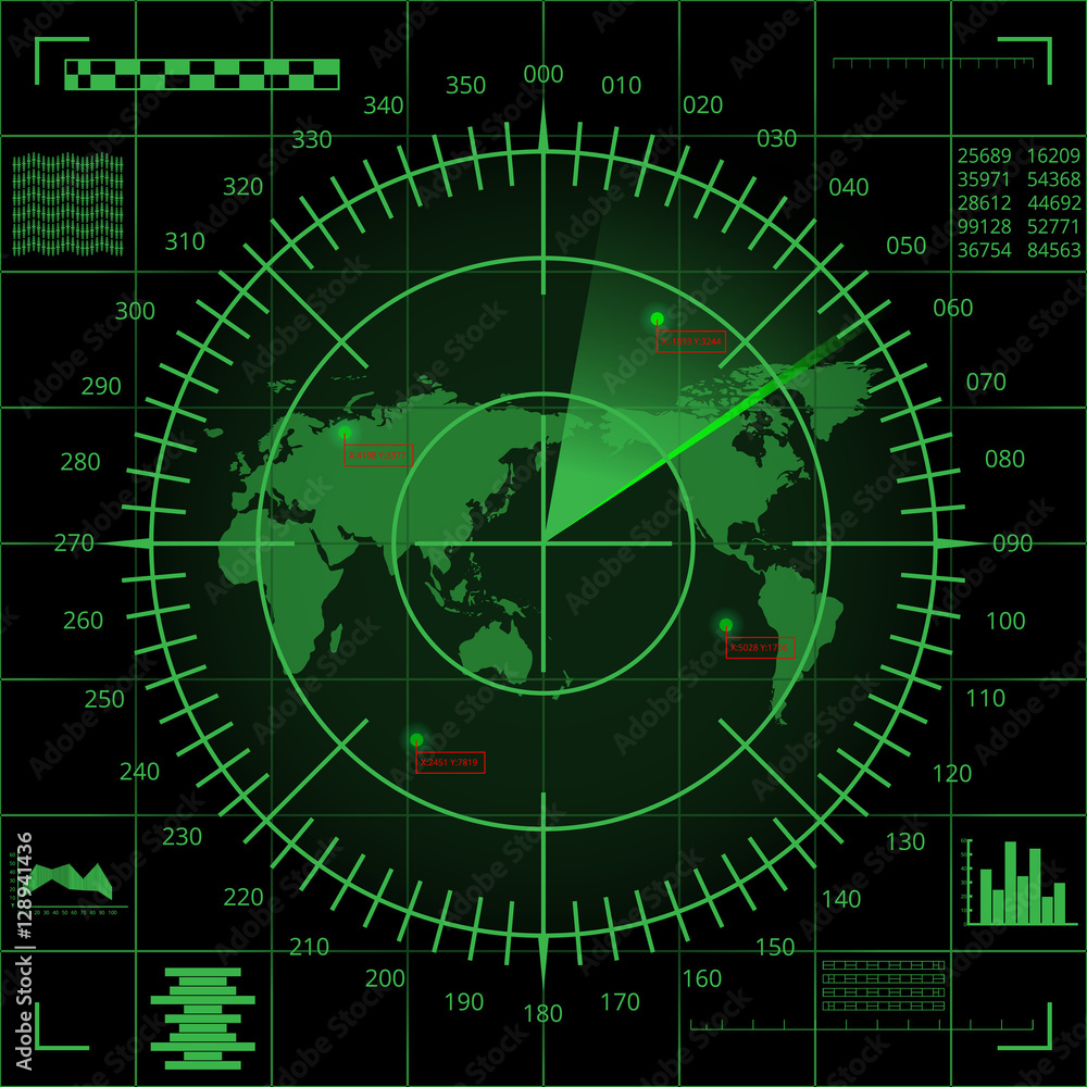 Digital green radar screen with world map, targets and futuristic user ...