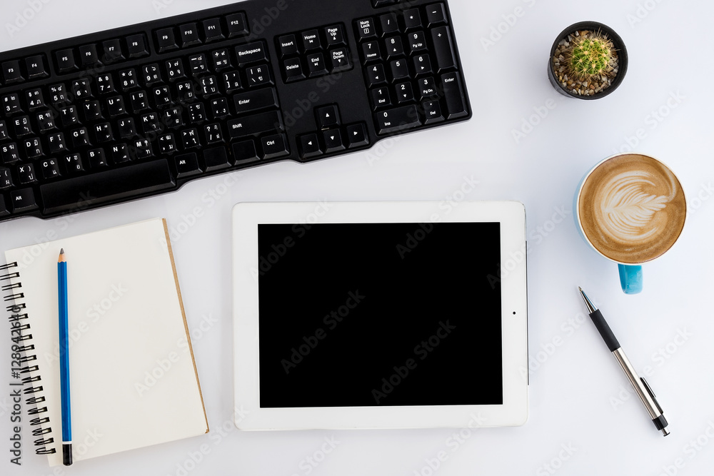 Modern White office desk table with blank screen tablet, leather ...
