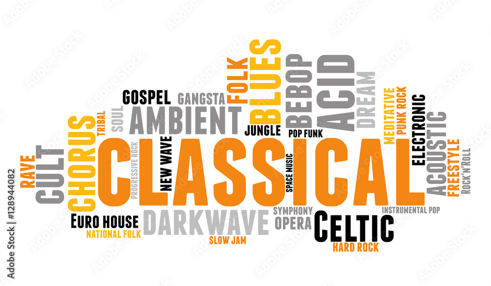 Classical. Word cloud, type font, white background. Music concept ...