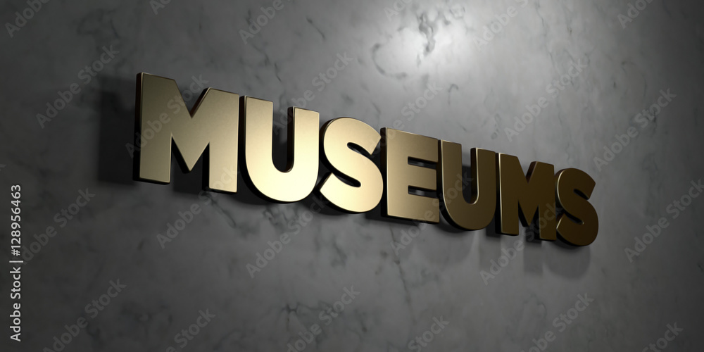 Museums - Gold sign mounted on glossy marble wall - 3D rendered royalty ...
