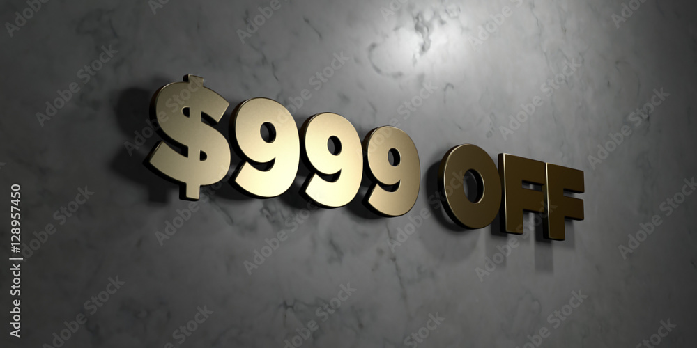 $999 off - Gold sign mounted on glossy marble wall - 3D rendered ...