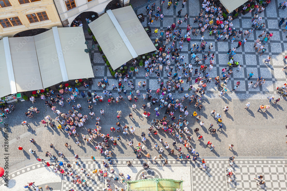 Old Town Square in Prague from Clock Tower. Many colored houses at the ...