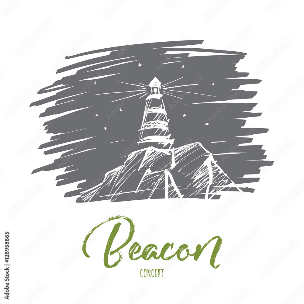 Vector hand drawn beacon concept sketch. Lighthouse on rocks shining ...