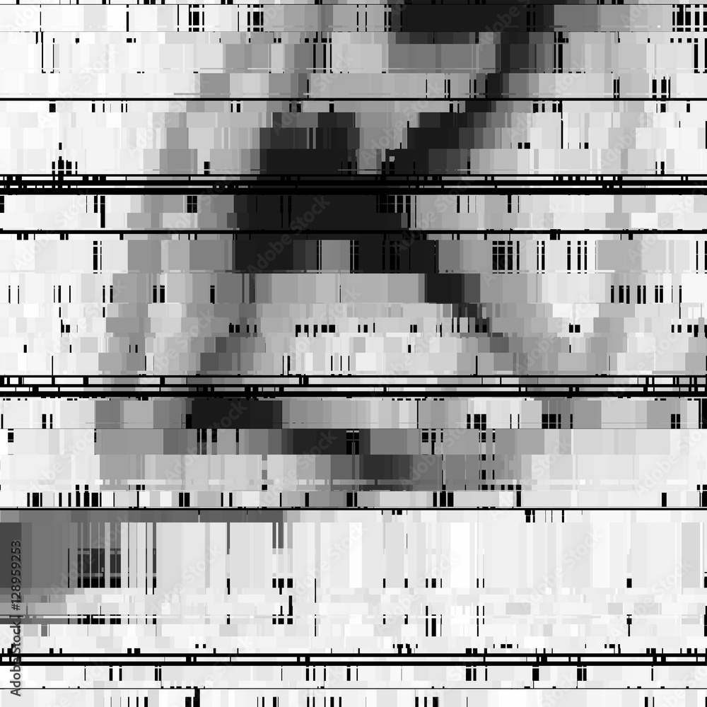 Glitch abstract background with distortion effect, bug, error, random horizontal black and white ...