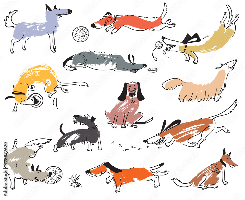 Hand drawn doodle cute dogs. Illustration set with plaing pets with dog ...
