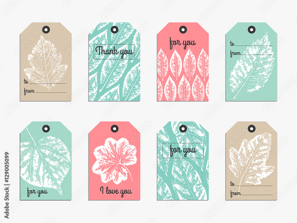 Collection of cute gift tag with handcrafted texture leaves imprints ...