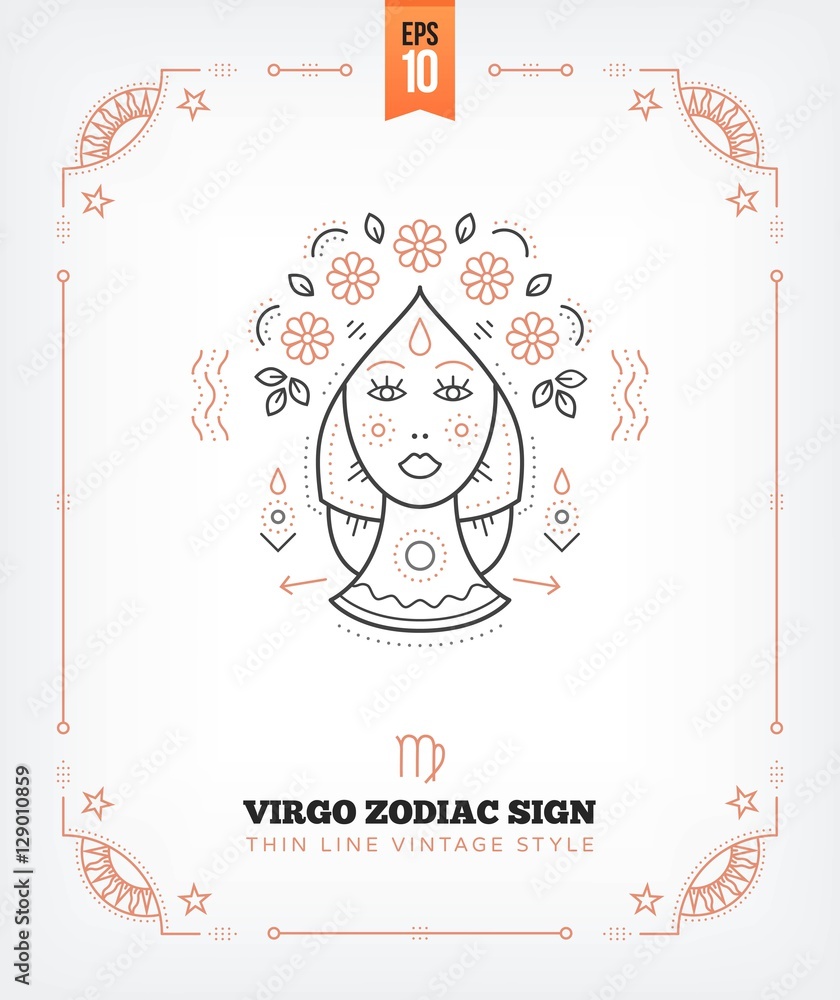 Vintage thin line Virgo zodiac sign label. Retro vector astrological ...