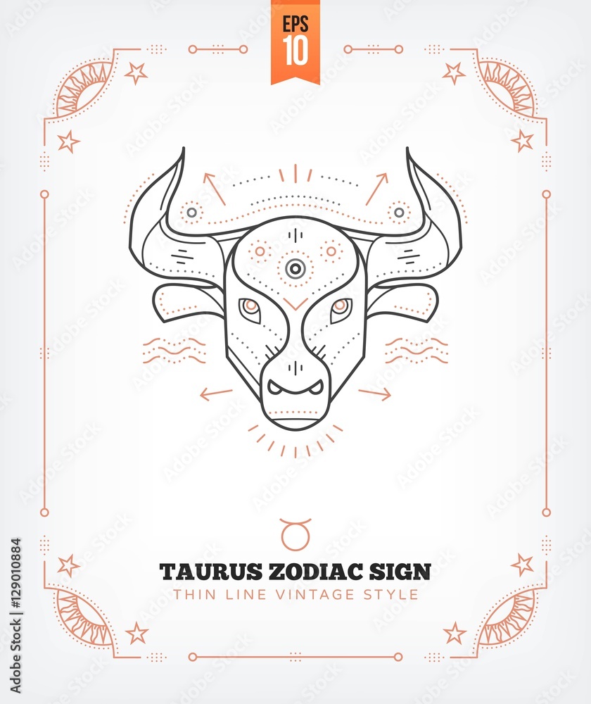 Vintage thin line Taurus zodiac sign label. Retro vector astrological ...