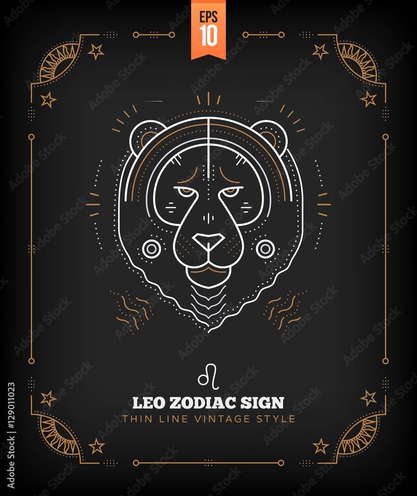 Vintage thin line Leo zodiac sign label. Retro vector astrological ...