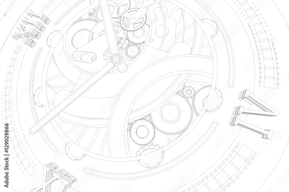 Abstaract 3d rendering illustration of watches with gears. Sketch ...