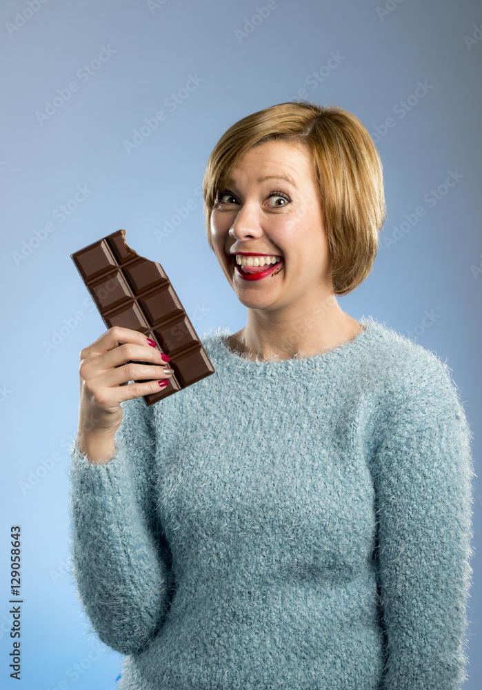 happy chocolate addict woman holding big bar mouth stained and crazy ...
