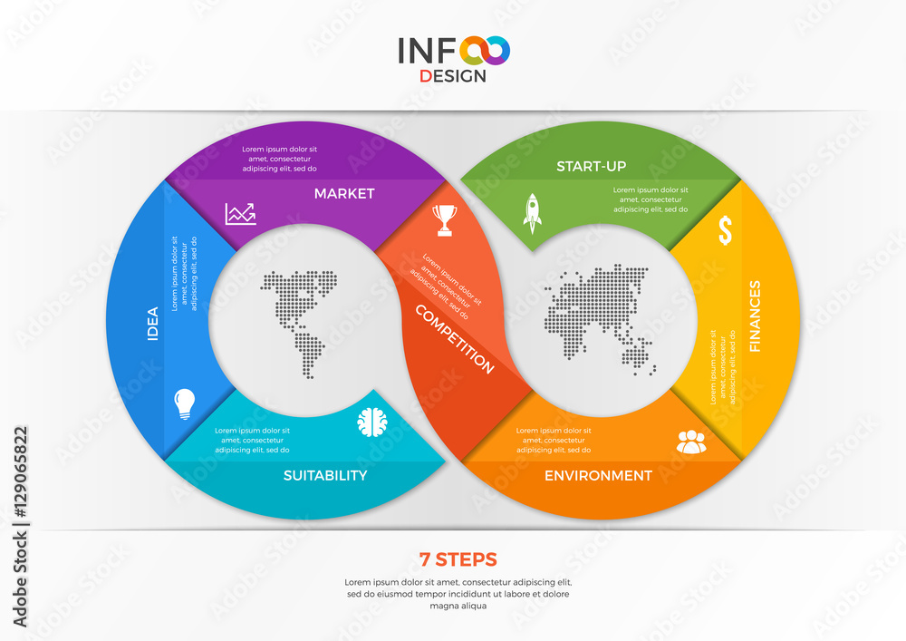 Infographic template in the form of the infinity sign with 7 steps ...