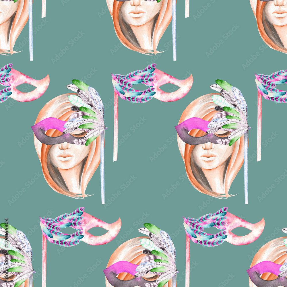 Masquerade theme seamless pattern with female image masked Venetian ...