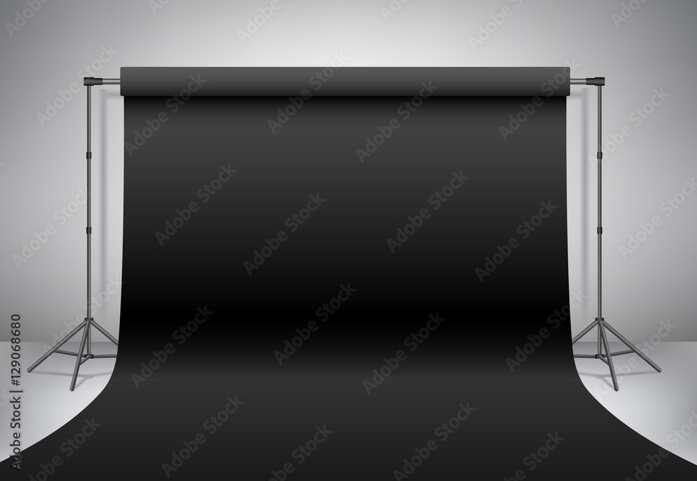 Empty black photo studio. Realistic 3D template mock up. Backdrop stand ...