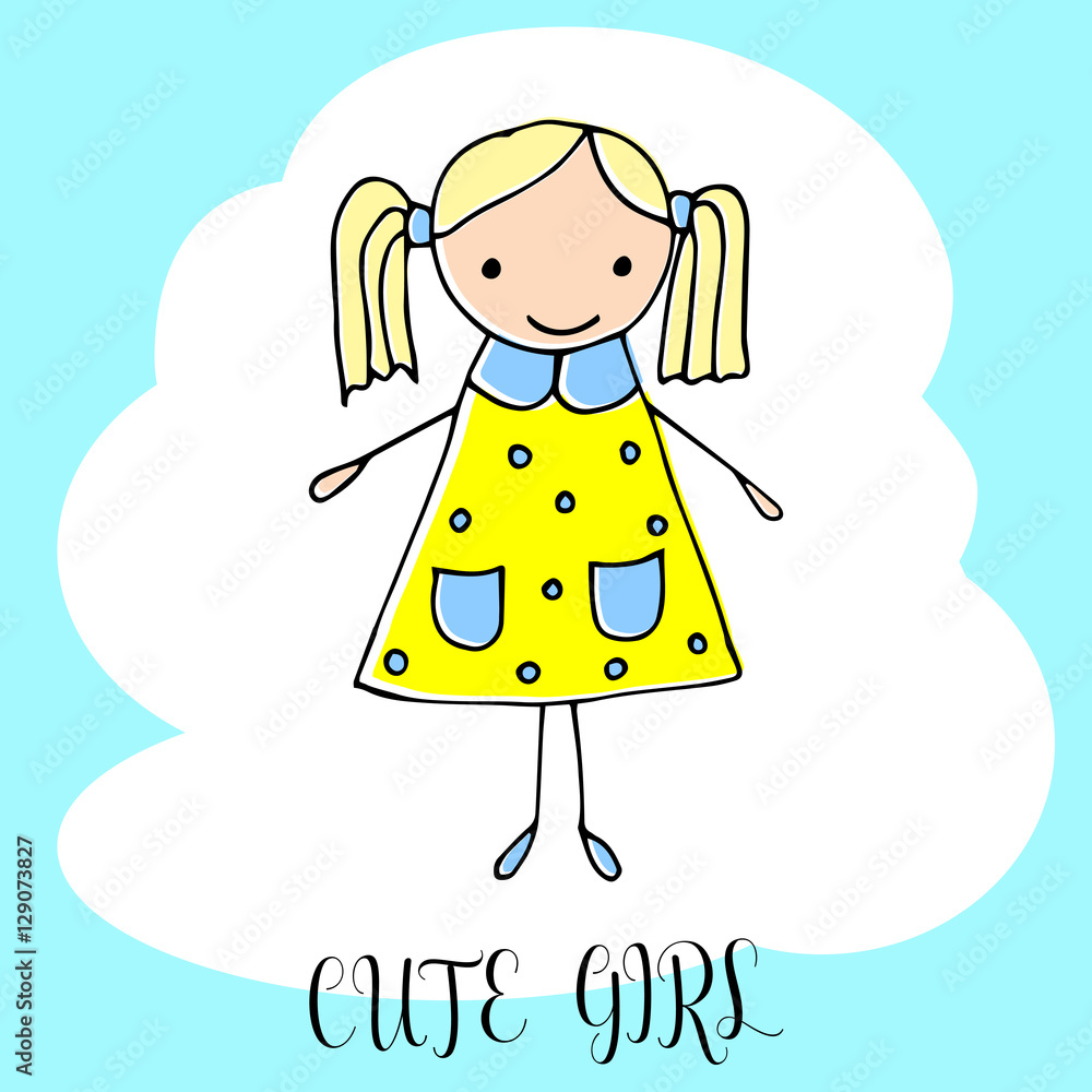 Cute little girl. Hand drawing in funny kids style. Design element for ...