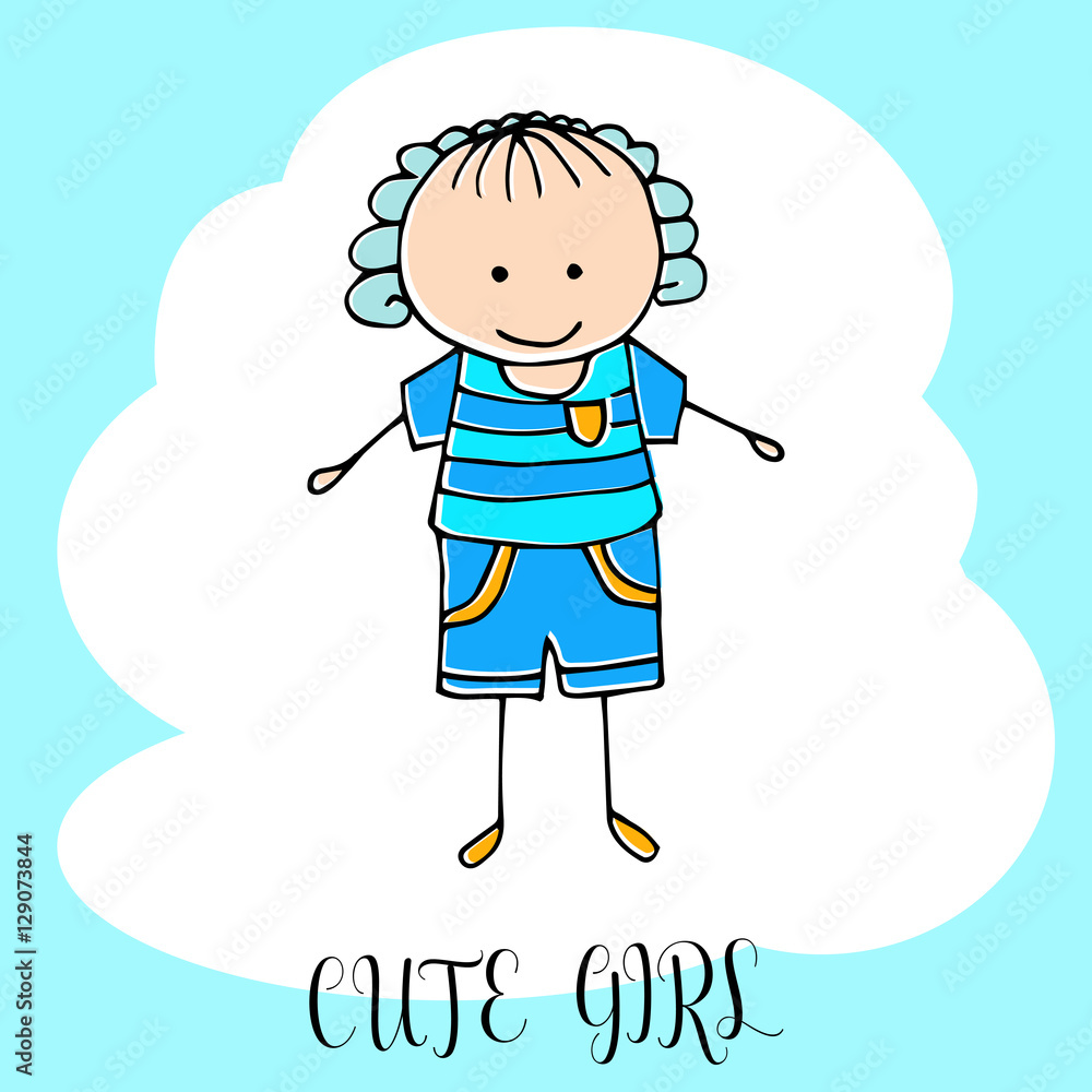 Cute little girl. Hand drawing in funny kids style. Design element for ...