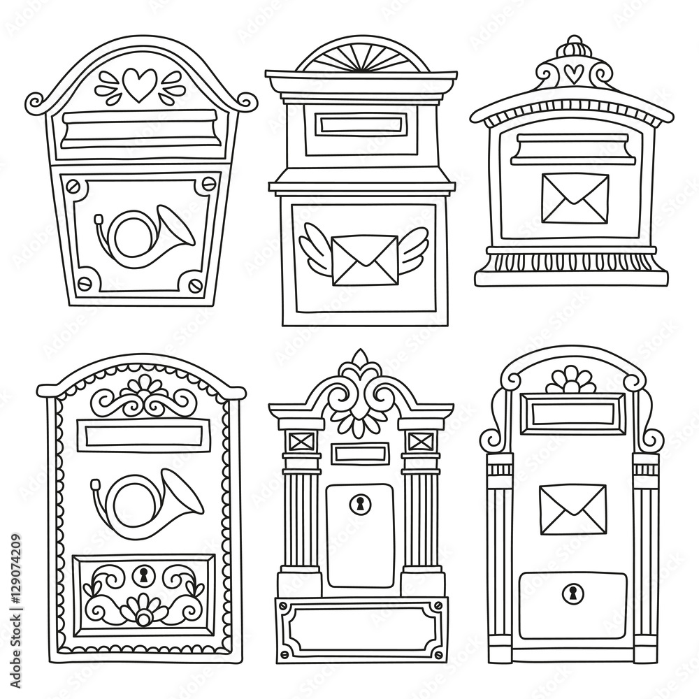 Set of illustrations with vintage mailboxes. Black and white. Freehand ...