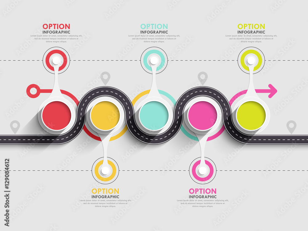 Winding road way location infographic template with a phased structure. Business circle template ...