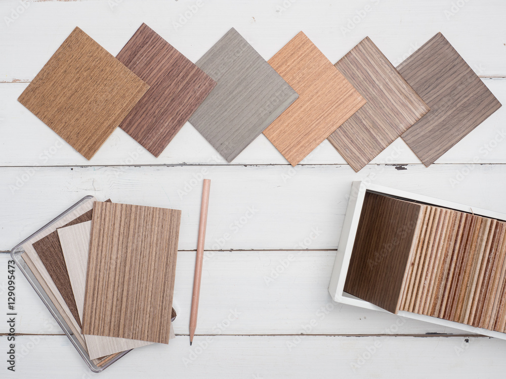 Samples of veneer wood on white background. interior design select ...