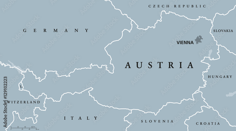Austria political map with capital Vienna, national borders and ...
