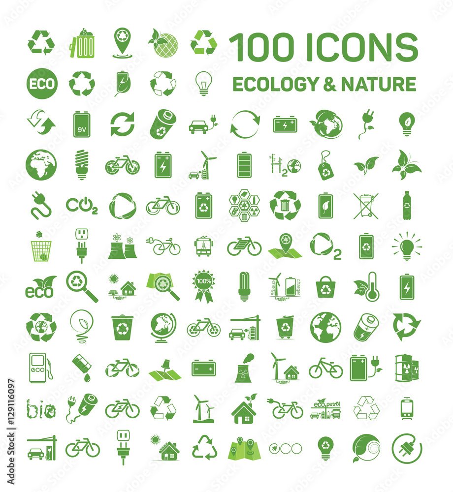 100 ecology & nature green icons set on white background. Vector Stock ...