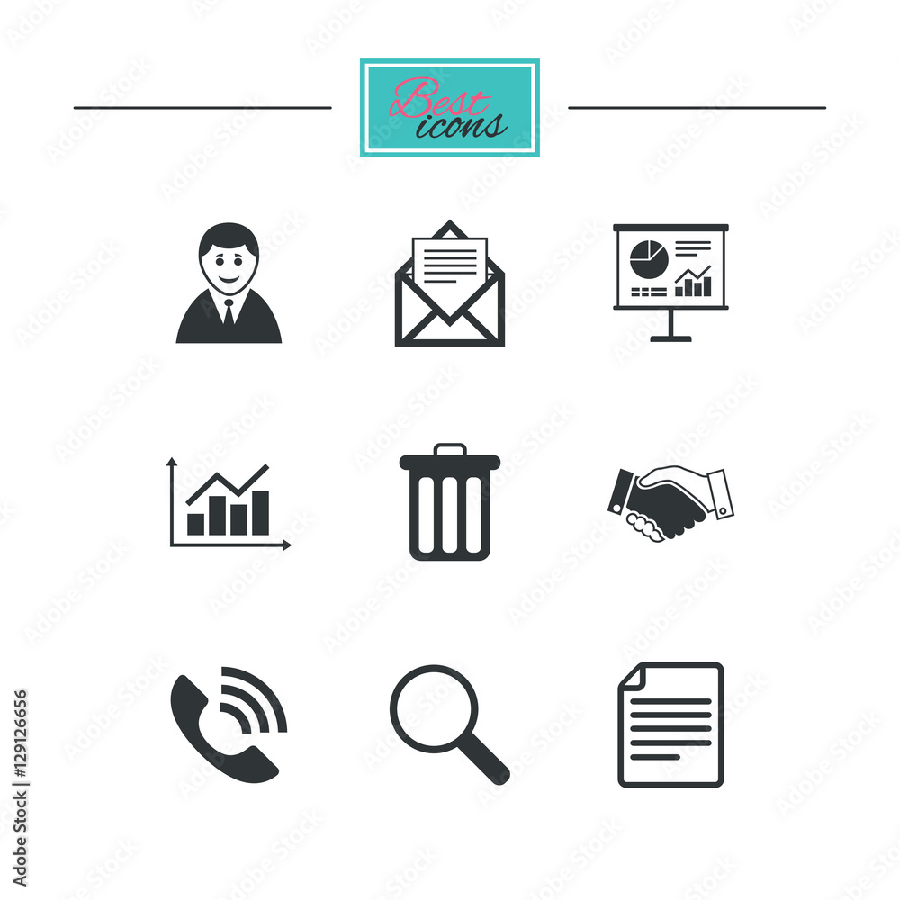 Office, documents and business icons. Businessman, handshake and call ...