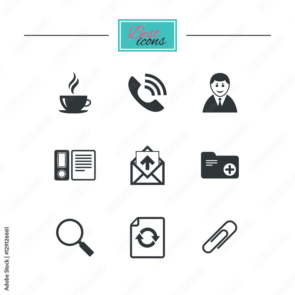 Office, documents and business icons. Coffee, phone call and ...