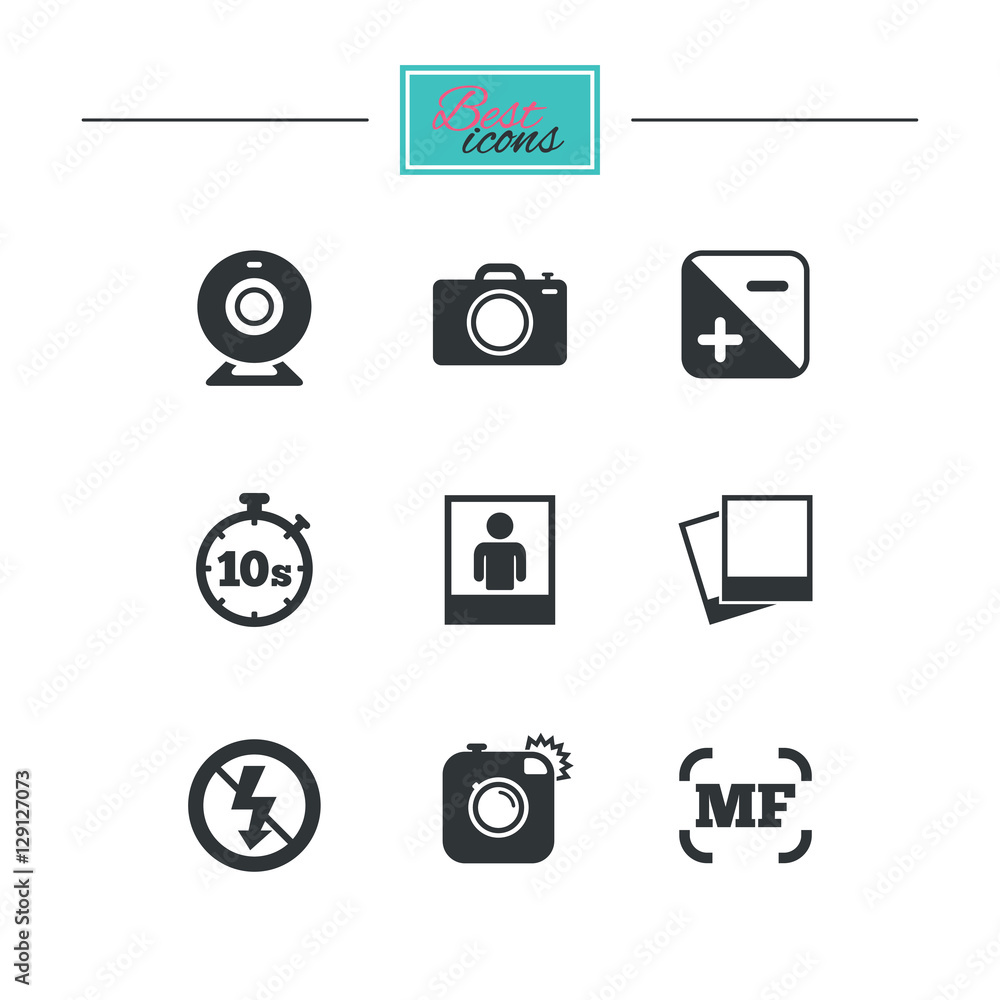 Photo, video icons. Web camera, photos and frame signs. No flash, timer ...
