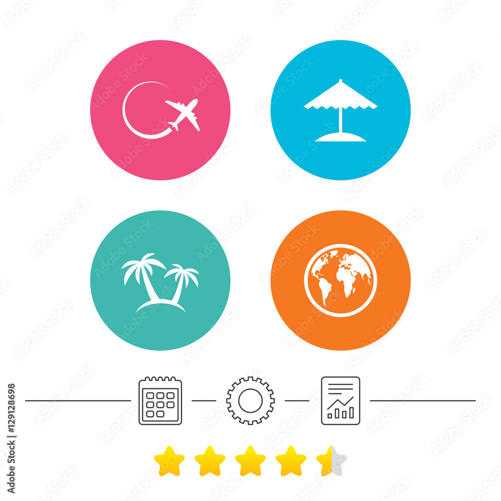 Travel trip icon. Airplane, world globe symbols. Palm tree and Beach ...
