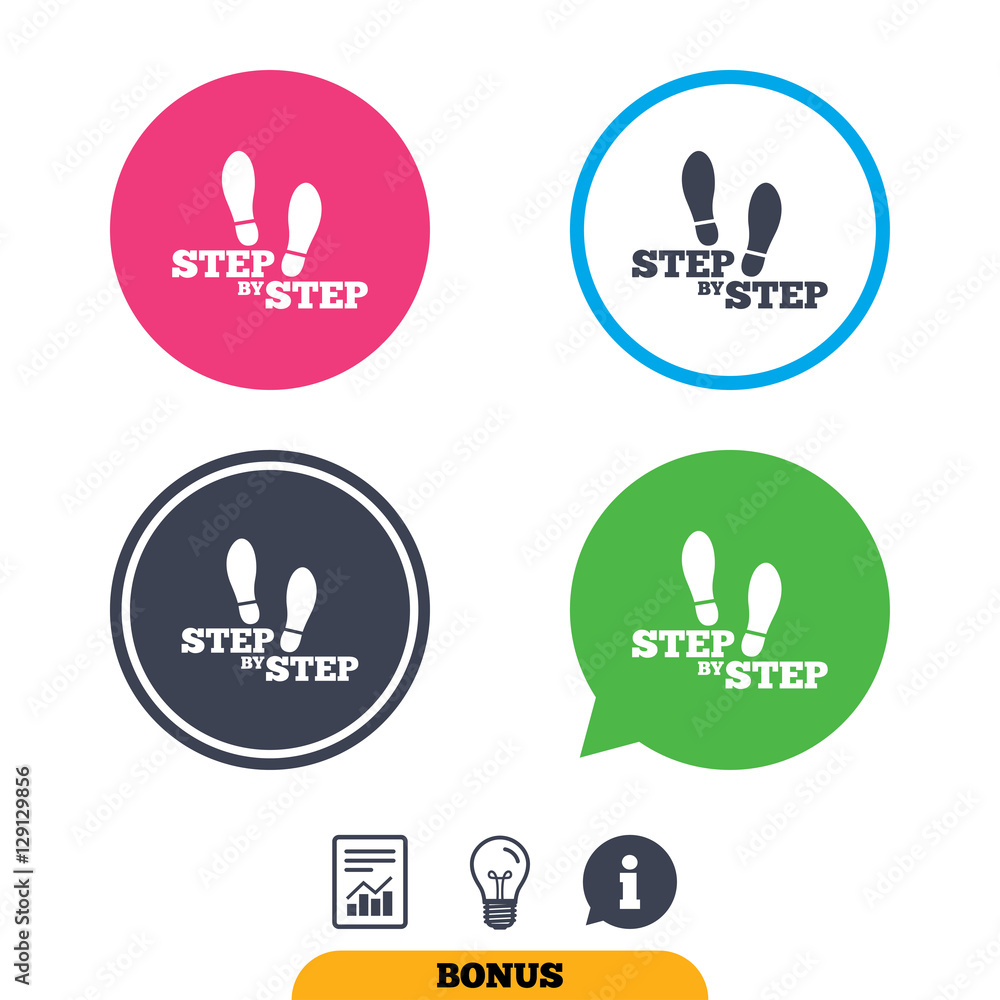 Step by step sign icon. Footprint shoes symbol. Report document ...