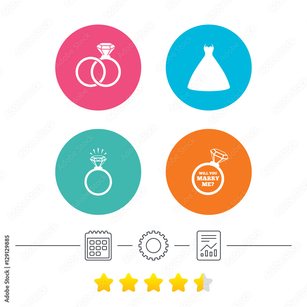 Wedding dress icon. Bride and groom rings symbol. Wedding or engagement ...