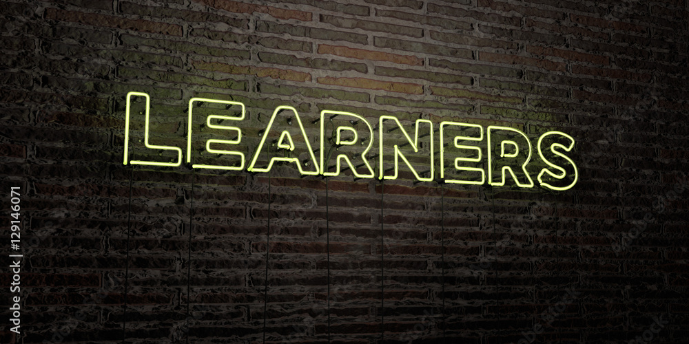 LEARNERS -Realistic Neon Sign on Brick Wall background - 3D rendered ...