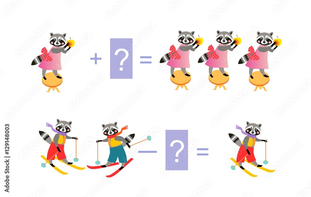 Magic math with cute raccoons. Educational game for children. Cartoon ...