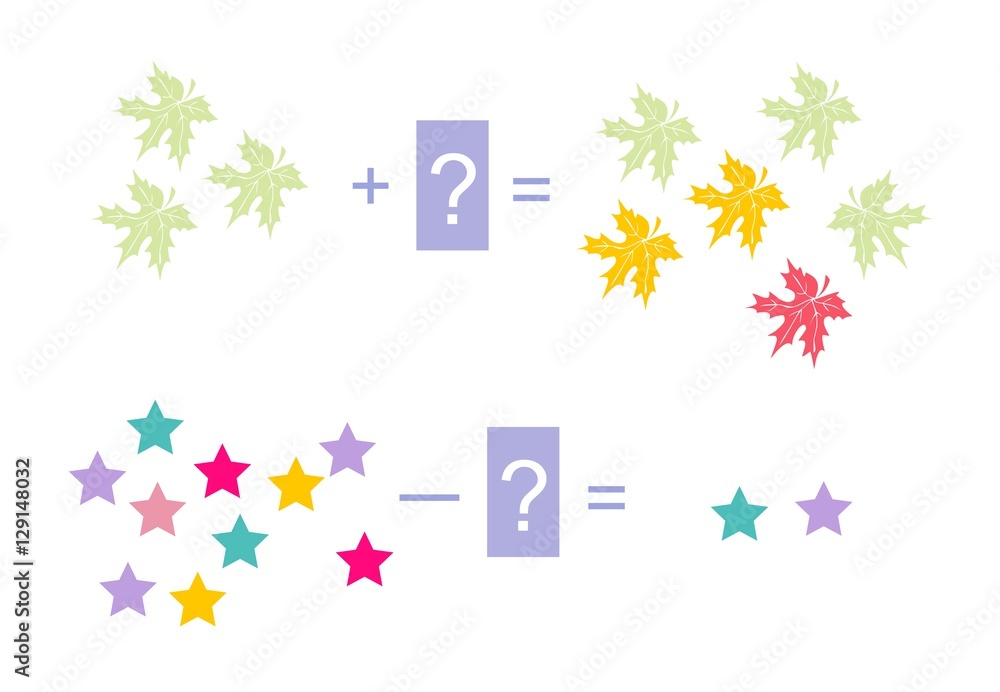 Educational game for children. Cartoon illustration of mathematical addition and subtraction ...