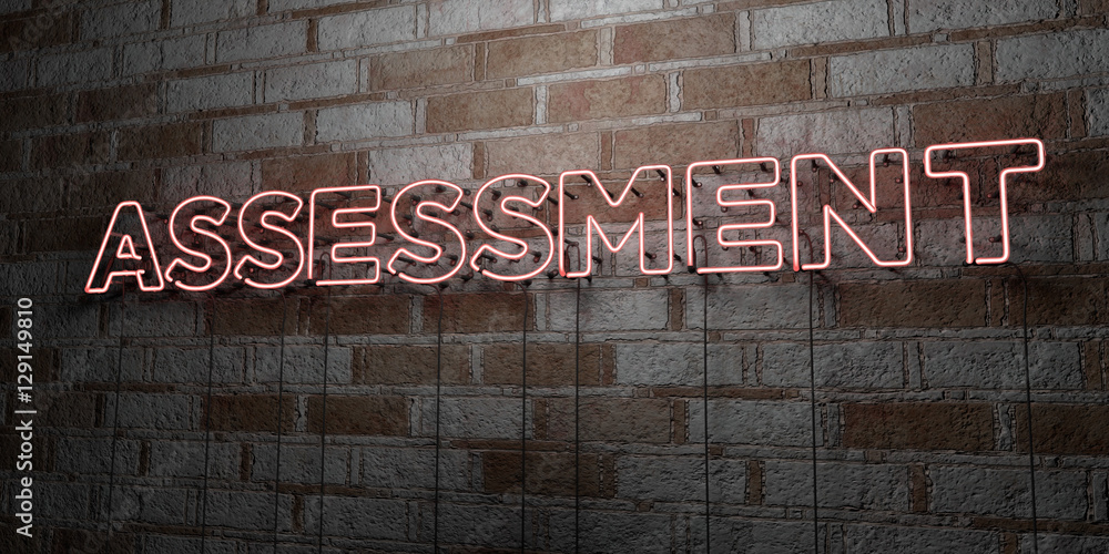 ASSESSMENT - Glowing Neon Sign on stonework wall - 3D rendered royalty ...