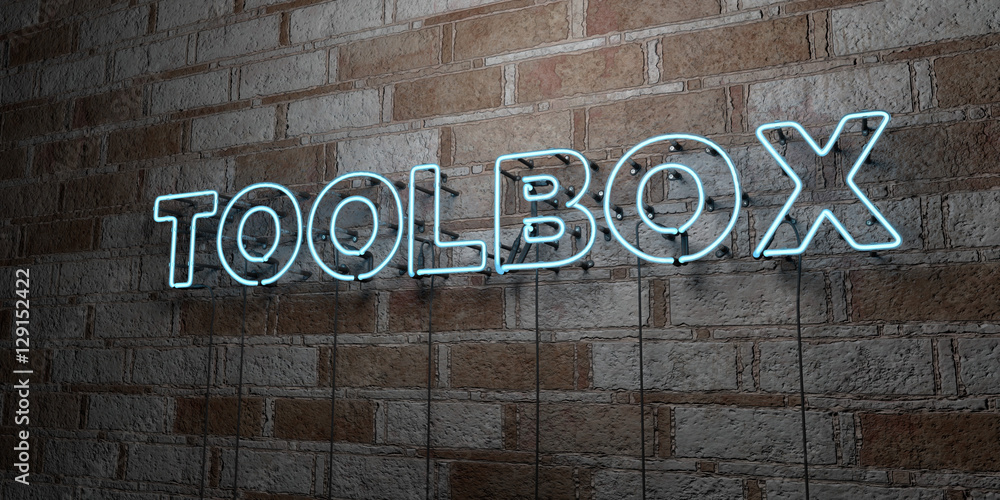 TOOLBOX - Glowing Neon Sign on stonework wall - 3D rendered royalty ...