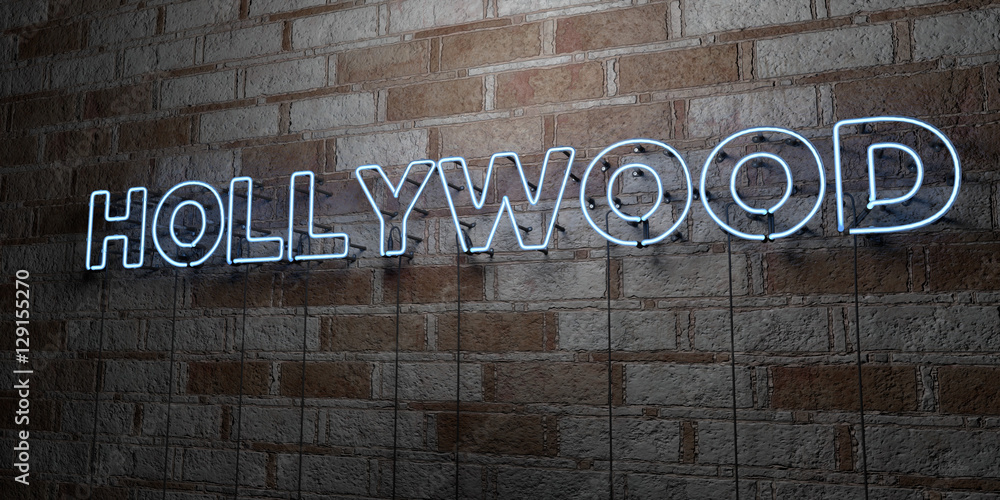 HOLLYWOOD - Glowing Neon Sign on stonework wall - 3D rendered royalty ...