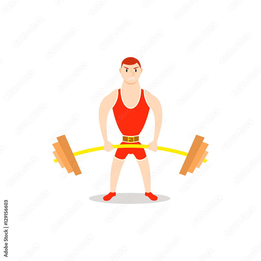 Cartoon man barbell exercises squat, deadlift, overhead press. Weight ...