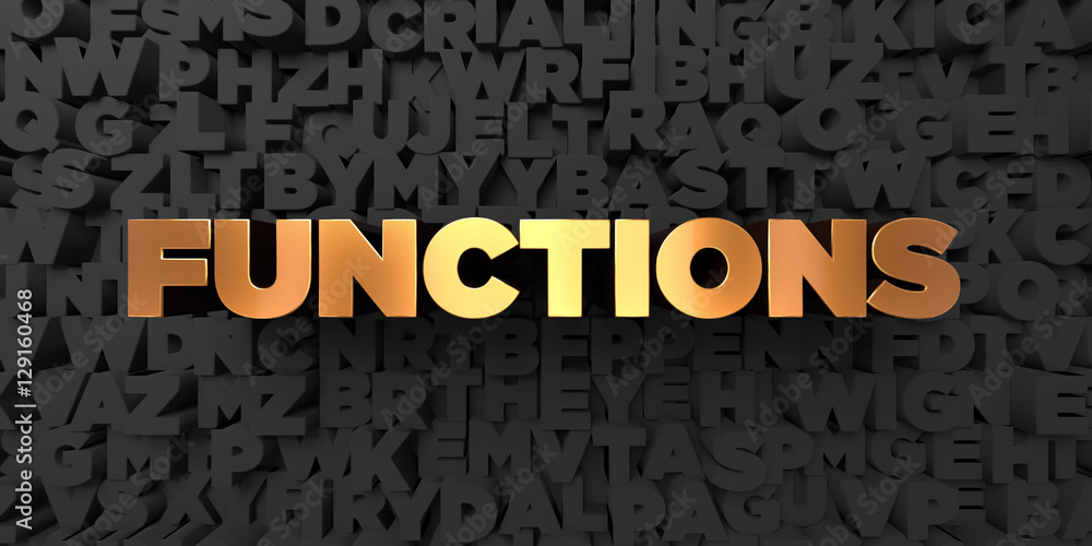 Functions - Gold text on black background - 3D rendered royalty free ...
