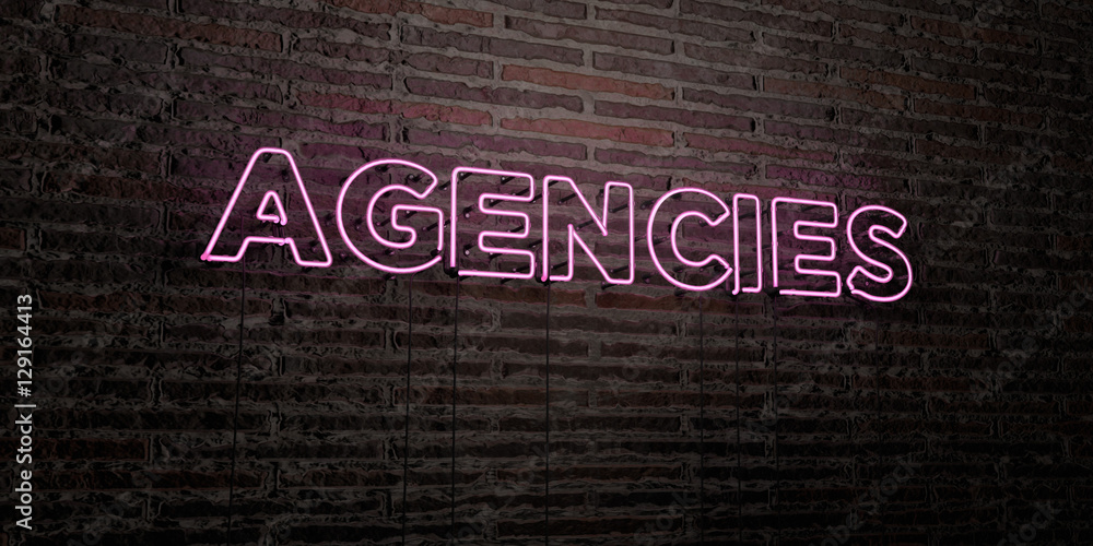 AGENCIES -Realistic Neon Sign on Brick Wall background - 3D rendered ...