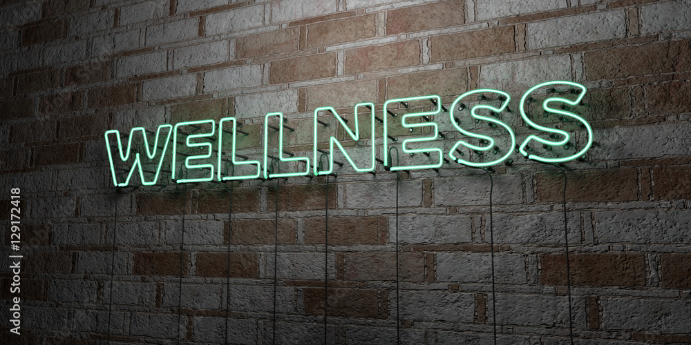 WELLNESS - Glowing Neon Sign on stonework wall - 3D rendered royalty ...