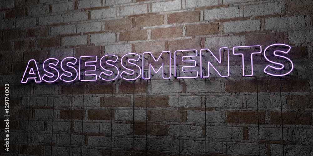 ASSESSMENTS - Glowing Neon Sign on stonework wall - 3D rendered royalty ...