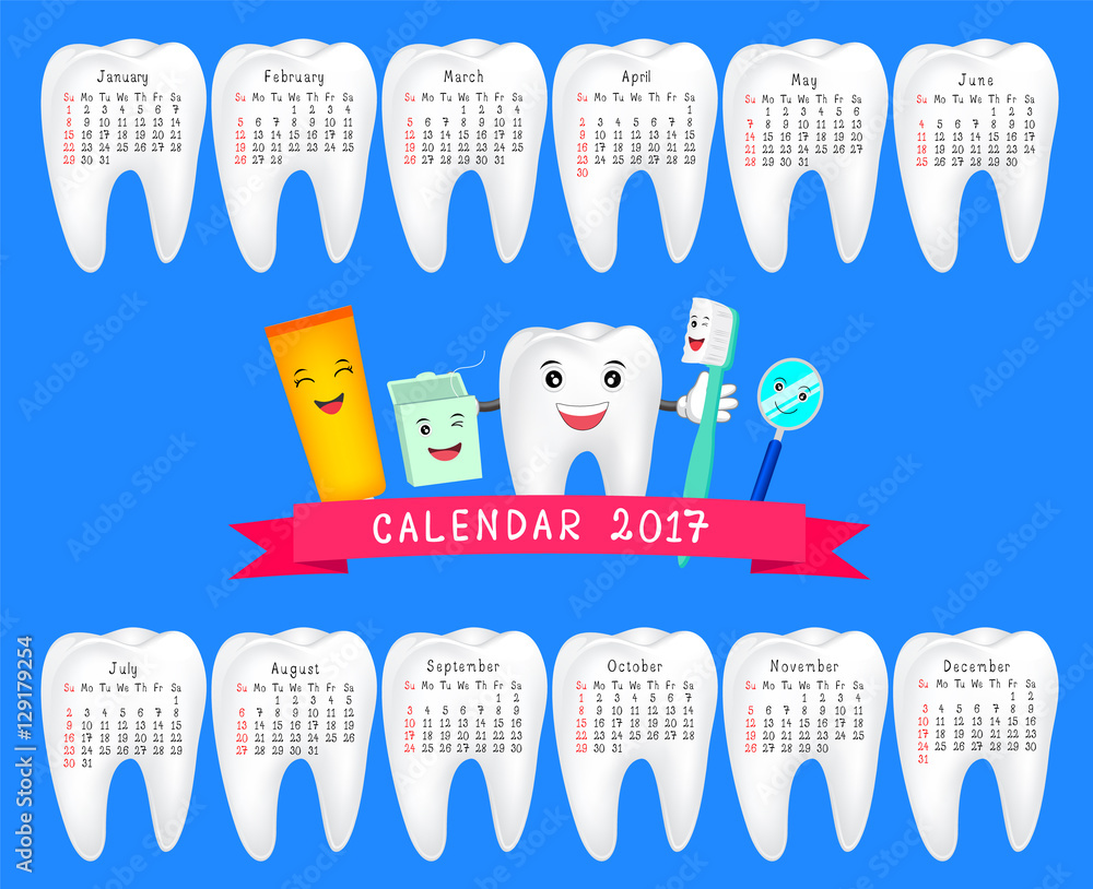 Dental calendar 2017. New year planner. Funny cartoon teeth and oral ...