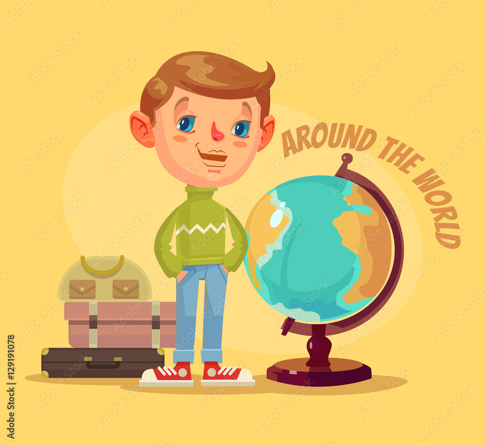 Boy character travel around the world. Vector flat cartoon illustration ...