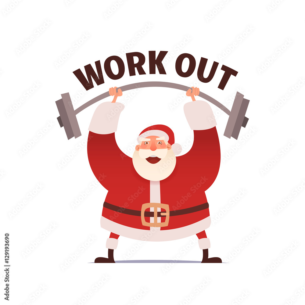 Santa Claus workout in GYM. Merry Christmas and Happy New year. Heavy ...