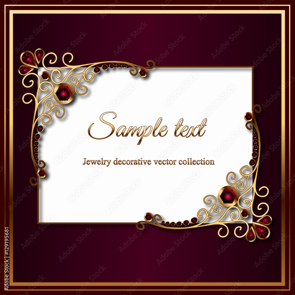 Vintage card with diamond and ruby jewelry decoration, gold rectangle ...