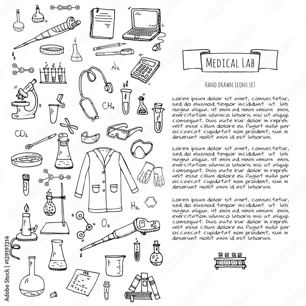 Hand drawn doodle Medical laboratory icons set. Vector illustration ...